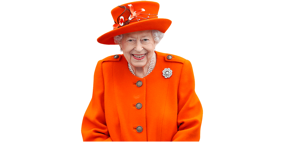HRH The Queen (Orange Outfit) Half Body Buddy Cutout - Celebrity Cutouts